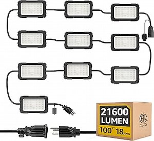 LED Work String Lights: 3 Prong Super Bright 90W 10800LM ETL Listed Linkable Waterproof Outdoor/Indoor Temporary Hanging Lighting for Construction Attic Jobsite Garage