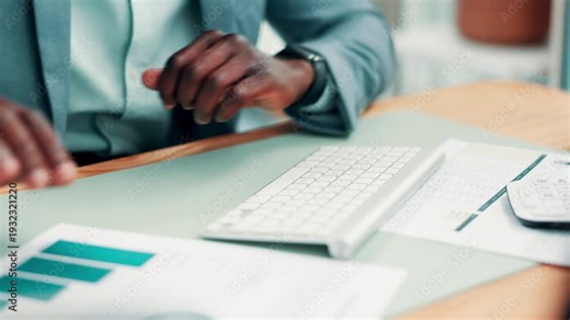 Hands, keyboard and man with investment, graphs for budget report and data analysis. Investor, typing and person in office, payroll audit and finance charts for revenue and stats for profit increase