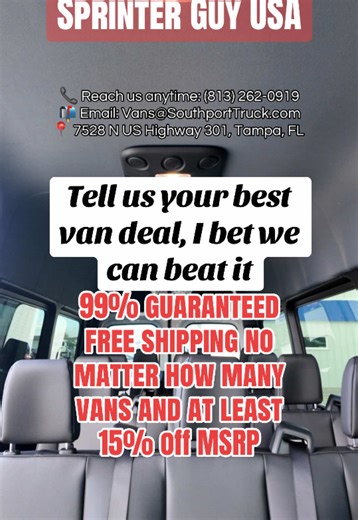 🔥 Tell us your best van deal, I bet we can beat it. $10-$15,000 off sticker price and guaranteed 15% off MSRP. Sprinter Guy USA 📱 Follow: @SprinterGuyUSA 📞 Reach us anytime: (813) 262-0919 📬 Email: Vans@SouthportTruck.com 📍 7528 N US Highway 301, Tampa, FL 33637 ##vanlife##sprintervan##mercedes##cargo##limousine