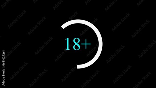 18 plus icon sign animation on dark background. Under 18 sign warning symbol. Over 18 only censored. eighteen age older. white circle and blue color text . 4K animation