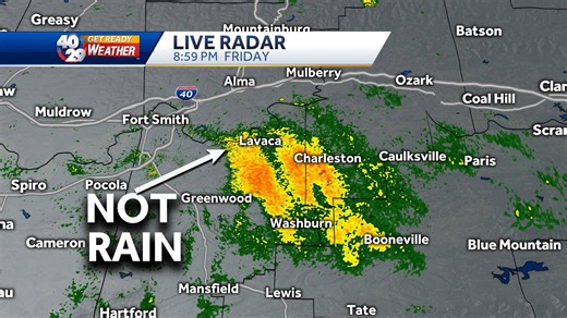 I'm not sure if this is bats, bugs or birds, lifting up into the sky along the Arkansas River. But, our radar has picked up on a vast number of flying objects lifting into the sky, in this exact spot NE of Fort Smith, for the last several nights in a row. One thing is for sure, it wasn't rain that caused what we're seeing on radar. While it did rain in many areas of the River Valley earlier today, we know there was no rain occuring in the area that radar shows rain, during this time. Which means
