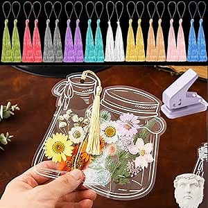 DIY Dried Flower Bookmark Kit, Handmade Transparent Pressed Flower Book Marks Set Personalized Clear Glass Wishing Bottle Craft Page Markers Clips,Gifts (Punch+Tassels, 20+1 PCS)