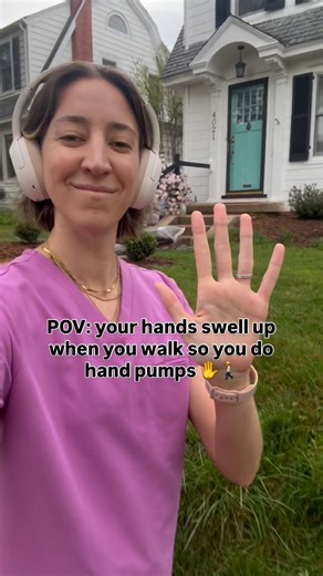 WHY YOUR HANDS SWELL ⤵️ When you walk, your arms are naturally down by your side 🚶‍♀️ Gravity and increased circulation as you walk can cause blood pooling, ESPECIALLY if you have circulation issues 🩸🫠 Pumping your hands 5-10 times (held up at heart level or higher) can decrease the swelling and stiffness in your hands while you walk 🫶🏼 PS if you have hypermobile hands and are ready to… 🙌🏾 get back to work, play, and household tasks so your life feels like yours again, instead of a consta