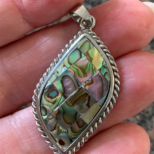 ABALONE SHELL Pendant, Paua Shell Jewelry, Mother of Pearl, Silver Rope Trim, Length 2" - Etsy