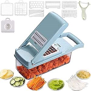 Vegetable Chopper, Food Choppers Cutter and Onion Slicer Dicers, 12 in 1 Veggie Slicer Manual Mandoline for Garlic, Cabbage, Carrot, Potato, Tomato, Fruit, Salad (Blue)