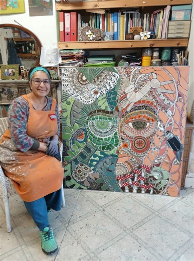 Tuesday 21st October 2025 WHOOP! FInished the mosaic-making stage!!! I'll begin grouting tomorrow 🤪 🥳🎊 I'll be using my favourite Mapei UK Ltd Ultracolour Plus 144 Chocolate Grout 🧡 🍂🍃🍁🌿🍂🍃🍁🍂🍃🍁🍂🍃🍁🍂 The Green Wo:Man Mosaic Commission Dimensions: 125 x 122cm Materials: Marmox 12.5mm backerboards and their fixings Rewmar Flexy Fix Caulking Adhesive Metals 4 U 0.6 aluminium frame BAL Tiling Max Flex Fibre Adhesive Tile Fire logo tile 50mm fibreglass mesh tape Crockery Glass beads Ce