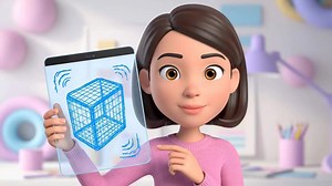 Cartoon Woman Shows 3d Model on Tablet for Augmented Reality Project