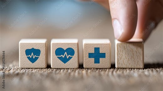 A hand placing a medical symbol block in a row of health related video content