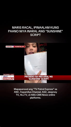 Ibinahagi ni #MarisRacal ang kanyang proseso sa pag-aral ng “Sunshine” script. Mapapanood ang “TV Patrol Express” sa ANC, Kapamilya Channel, A2Z, Jeepney TV, ALLTV, at ABS-CBN News online platforms. #tvpatrolexpress #abscbnnews #abscbnpr | ABS-CBN PR