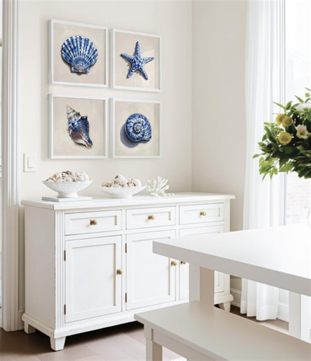 Coastal Wall Art Set of 4 | Blue Seashells and Starfish Prints | Beachy Ocean Decor for Over the Bed, Fisherman Aesthetic, Oyster Shells - Etsy