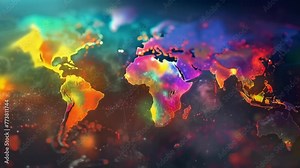 A colorful map of the world is displayed, showcasing various regions with bright and dynamic colors.