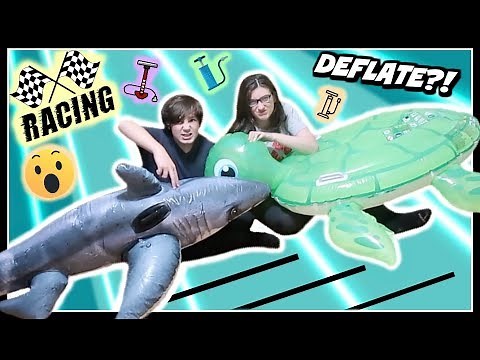 THE RACE TO DEFLATE THE INFLATABLE ANIMAL FLOATIES CHALLENGE! *BOY VS GIRL*