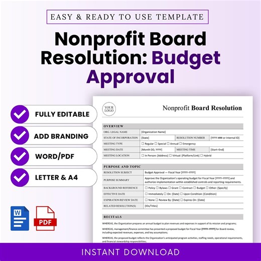 Nonprofit Board Resolution Template: Budget Approval – Word & PDF, A4 + US Letter - Etsy UK