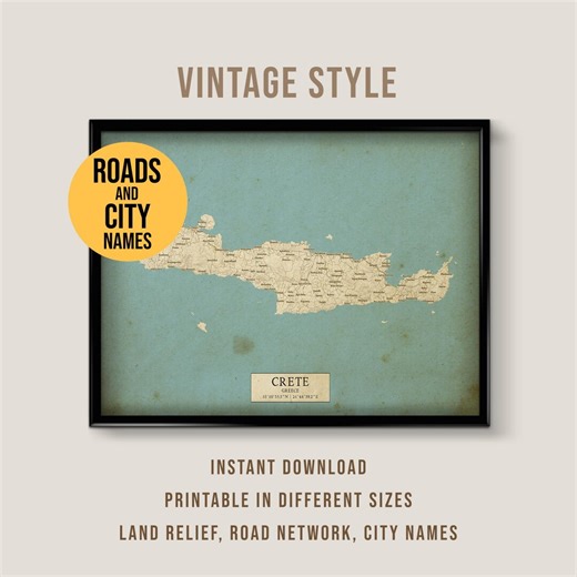 Crete, Greece Vintage Style Map, Printable Crete Heraklion Poster (instant Download) - Etsy UK