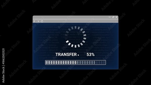 Digital progress bar showing transfer progress with spinning wheel and code background Keywords: transfer, data, loading, progress, digital, technology, computer, screen, interface
