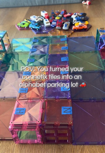 We made an alphabet parking lot with our @CONNETIX MAGNETIC TILES and it was SUCH a hit 🚗✨ •Lowercase letters on the cars. •Uppercase letters on the parking spots. My preschooler loved matching them… and my toddler loved completely rearranging everything afterwards 😂 Simple. Hands-on. Perfect for early learning! Save this one for repeat play 🙌 Would your little one love this? #connetix #preschoolactivities #learningactivities #playbasedlearning #magnetictiles