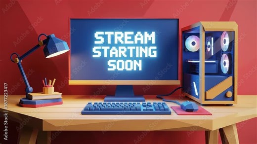 Livestream Setup: "Starting Soon" Stream. stream starting soon screen, overlay loop, animated virtual backgrounds, cozy lo-fi gaming room, vtuber asset twitch zoom OBS.