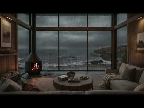 Rain Sounds & Fireplace Ambience🔥Cozy Cabin by the Stormy Ocean | Deep Sleep & Relaxing Background
