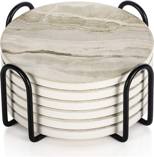 SUSWIM Drink Coasters with Holder, Absorbent Coaster Sets of 6, Marble Style Ceramic Drink Coaster for Tabletop Protection,Suitable for Kinds of Cups, Wooden Table, Cool Home Decor, 4 Inches