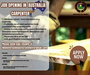 03/07/2025 JOB OPENING IN AUSTRALIA CARPENTER ✅ Minimum 5 years’ work experience as a carpenter ✅ Proficient use of hand and power tools associated with carpentry trade ✅ Ability to read plans and technical drawings to determine materials required, dimensions and installation procedures ✅ Physically fit to do the job ✅ with good English communication skills Interested candidates, please email your resume at hmointernationalrecruitment@gmail.com MANILA BRANCH Unit 301-302 DLR Building, 1337 A Mab