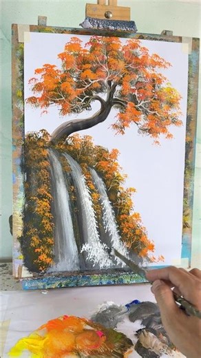 045 - Easy Waterfall Painting from the Mountain Top under Autumn Tree | Acrylic Art