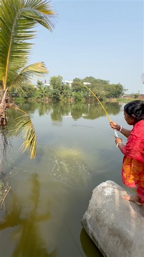 Village woman catch unique fish in amazing pond and used best food #bass #fish #viral | lady hook fishing