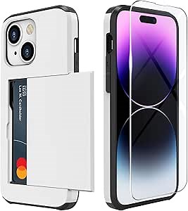 ZUSLAB Card Holder Slot Case Compatible with Apple iPhone 15 6.1 Inches 2023, Phone Wallet Case with 1 Tempered Glass Screen Protector, Rubber & PC Bumper Cover for Women Men, White