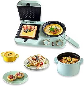 3 in 1 Breakfast Station, Retro Household Electric Mini Toaster Bread Sandwich Maker, Breakfast Machine with Frying Pan, Boiling Pot, Food Steamer