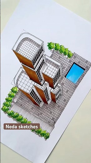 Architecture plan perspective : how to draw vertical one point perspective?!🤎#shorts