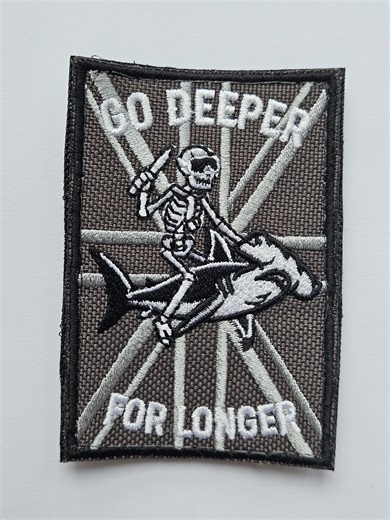 Funny Skeleton Shark Patch - "go Deeper for Longer" Morale Patch - Tactical Velcro Patch - Embroidered Patch for Jackets Bags - Edgy Humour - Etsy