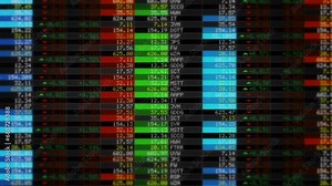 Digital Tableau of Stock Market Values, Stock Tickers. Fake Data of Companies And Indexes Evolving Growing Or Shrinking. Animation of Stock Exchange Financial Information.