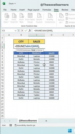 Excel DSUM function | City-wise Sales in Seconds! #shorts #excel