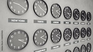 Round clocks show time in different cities on white dark concrete wall. Symbol for Greenwich Mean Time. Clock face timelapse 60fps 4K animation..