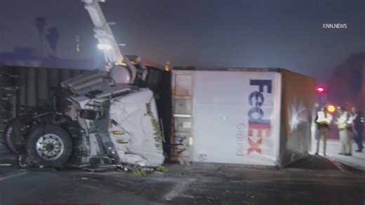 FedEx truck overturns on 60 Freeway in Hacienda Heights