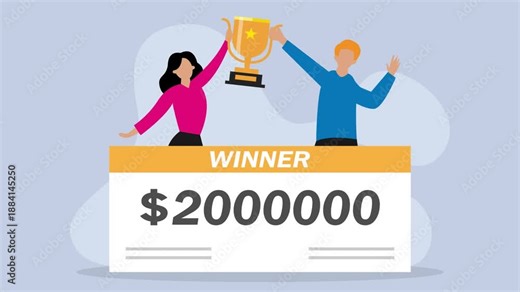 Couple Celebrating Huge Lottery Win with Giant Trophy and $2 Million Prize Check cartoon animation