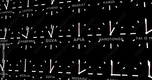 Alarm Clock animation. Seamless motion animated footage, white background, time concept. Move over many clocks, 24 hour Time lapse, 3d camera move. Wall Clocks in different time zones.