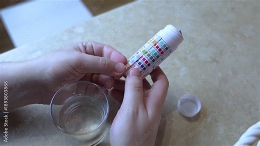 A man in the kitchen tests tap water quality with a test strip. Home testing for drinking water safety, pH, chlorine, and chemical contaminants.