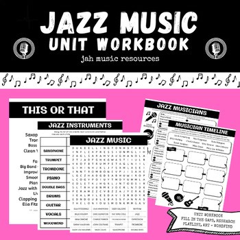 Music Genre JAZZ UNIT Workbook - Printable worksheet handout, Music sublesson