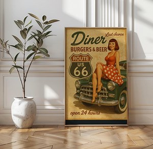 Route 66 Diner Poster: Retro Pin-up Girl & Classic Car Art Print - Etsy