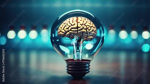 A visual representation featuring a light bulb with an illuminated brain inside, conveying the conceptual themes of ideas, brainstorming, and genius thinking
