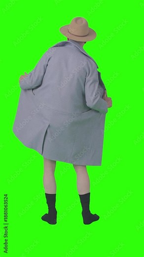 Exhibitionist Pervert Flasher Male Character in a gray coat and hat against a green screen, chroma key, background. Chroma key person, people, characters, emotions.