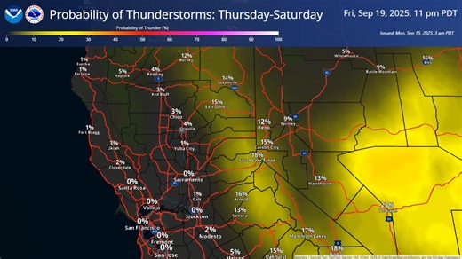 Shower and thunderstorm chances return to interior northern California later this week and into the weekend (Thursday-Saturday). Stay weather aware, and when thunder roars, go indoors! | US National Weather Service Sacramento California