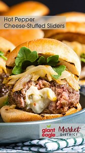 9.8K views · 20 reactions | Looking for the best stuffed sliders? You’ve found them! These Hot Pepper Cheese-Stuffed Sliders are made with ground beef marinated in Worcestershire sauce, stuffed with creamy pepper Jack cheese and topped with caramelized onions and arugula. They make a mouthwatering addition to any get-together or game day menu!  Full recipe: bit.ly/3tMm49m | Giant Eagle | Facebook
