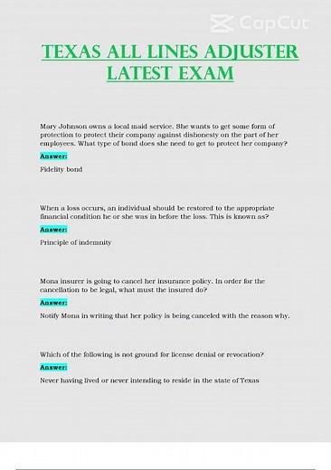 Texas adjuster license Exam Answers