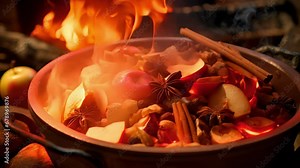 Closeup of a homemade apple and cinnamon potpourri, simmering on the stove and filling the air with a cozy and festive aroma.