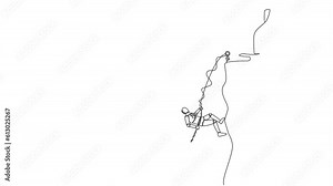 Animated self drawing of continuous line draw robot climber hanging on rope pulling himself on top of rocky mountain wall to reach trophy. Future robotic development. Full length single line animation