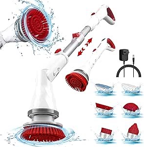Electric Spin Scrubber, Cordless Shower Scrubber with 6 Replaceable Brush Heads and Adjustable Extension Handle,Household Electric Power Cleaning Brush for Bathroom Grout Tub Tile Floor Wall
