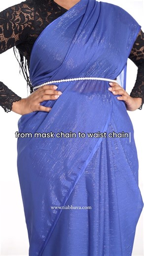 3K views · 12 reactions | from mask chain to waist chain ✨ [mother’s day, mother’s day outfit, sari, saree draping, saree, saree blouse designs, saree draping tutorial, modern saree, mesh saree, embroidered saree, blue saree, waist chain, mask chain, Pearl waist chain] | TiaBhuva.com | Facebook
