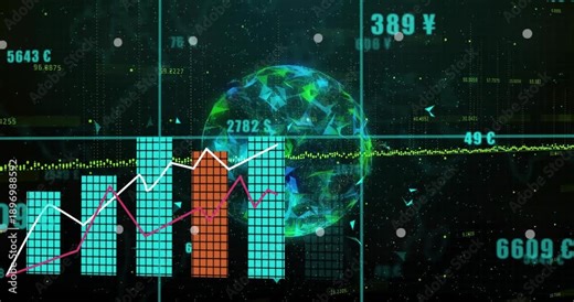 Opening on gridlines, 3D globe floating, bars growing and lines drawing visualizing currency trends