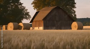 Old barn with hay bales in farmland Seamless loop video background 4k animation